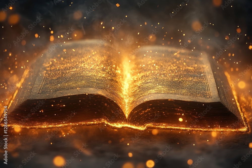 Ancient book floating mid-air with golden pages flipping, glowing ...