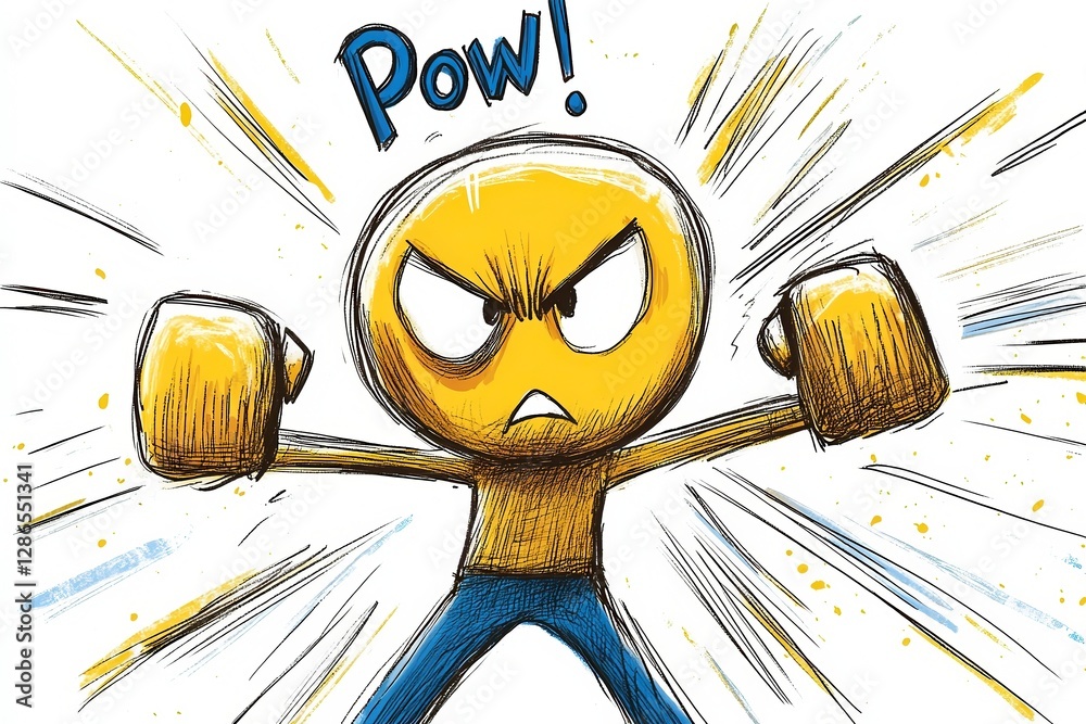Stick man punching forward with comic-style impact lines, "Pow!" in ...