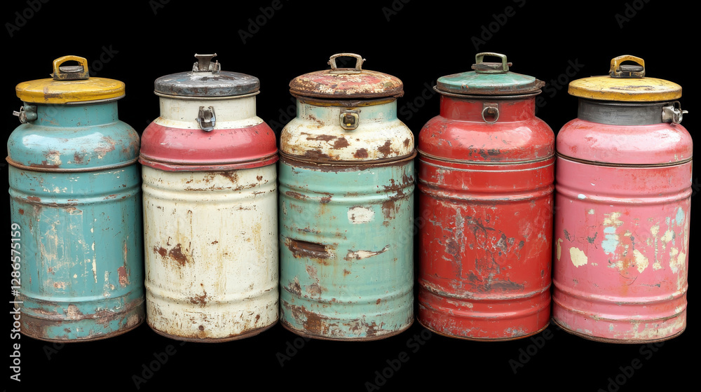 Vintage metal tanks in various colors with worn paint and rust Stock ...