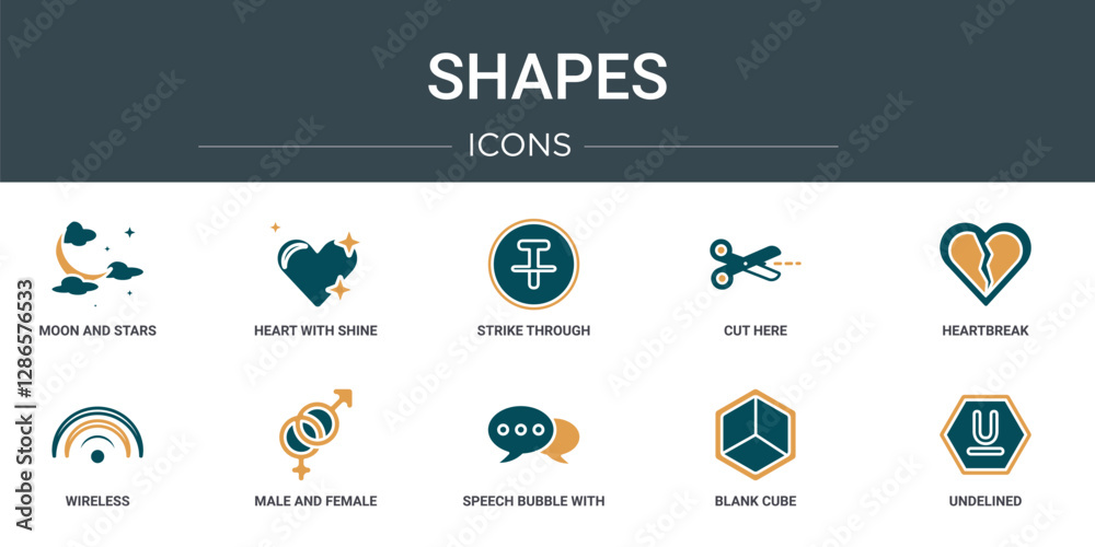 set of 10 outline web shapes icons such as moon and stars, heart with ...