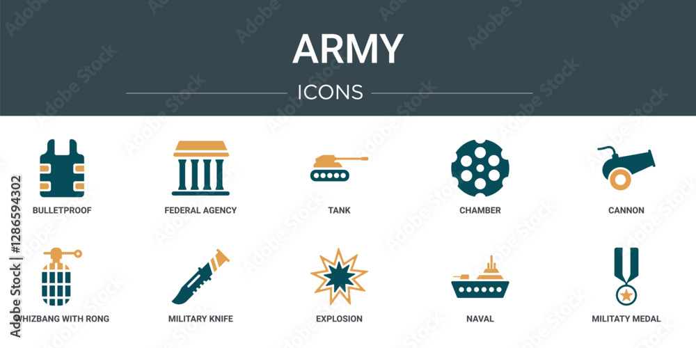 set of 10 outline web army icons such as bulletproof, federal agency ...