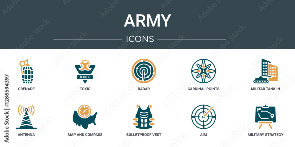 set of 10 outline web army icons such as grenade, toxic, radar ...