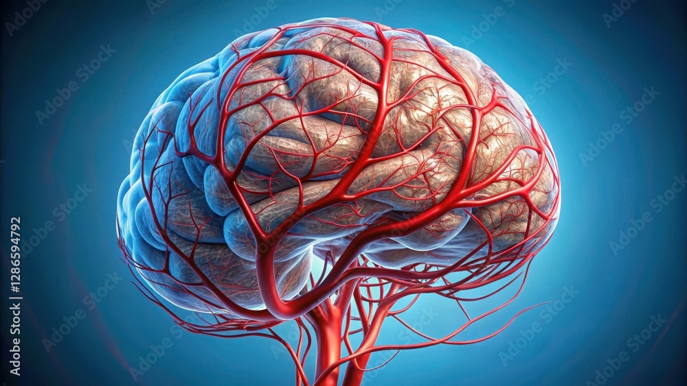 Brain with blood vessels expanding and contracting in a dynamic pattern ...