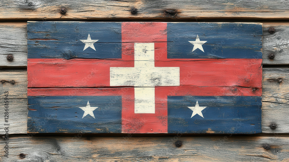 Painted wooden flag design featuring cross and stars on rustic ...