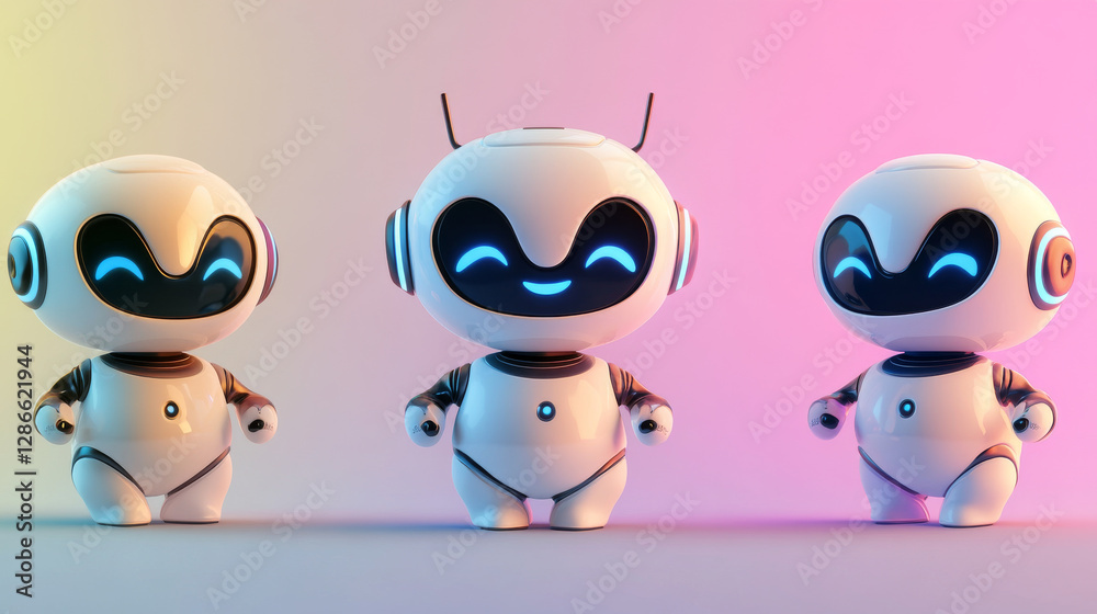 Cute robot character with smile face. 3d realistic vector set of ...