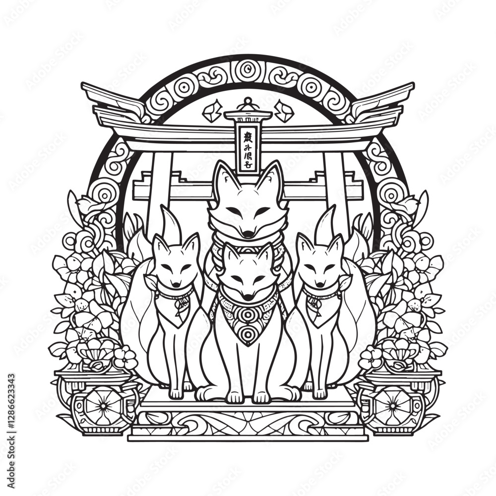 Elegant mosaic outline of Inari, Japanese god of rice, with foxes in ...