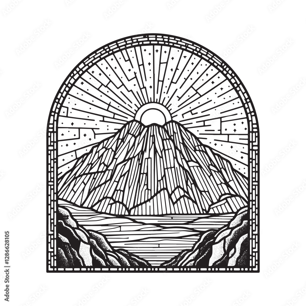 Minimalist Mosaic Outline of Mount Sinai within an Arc Window Depicting ...