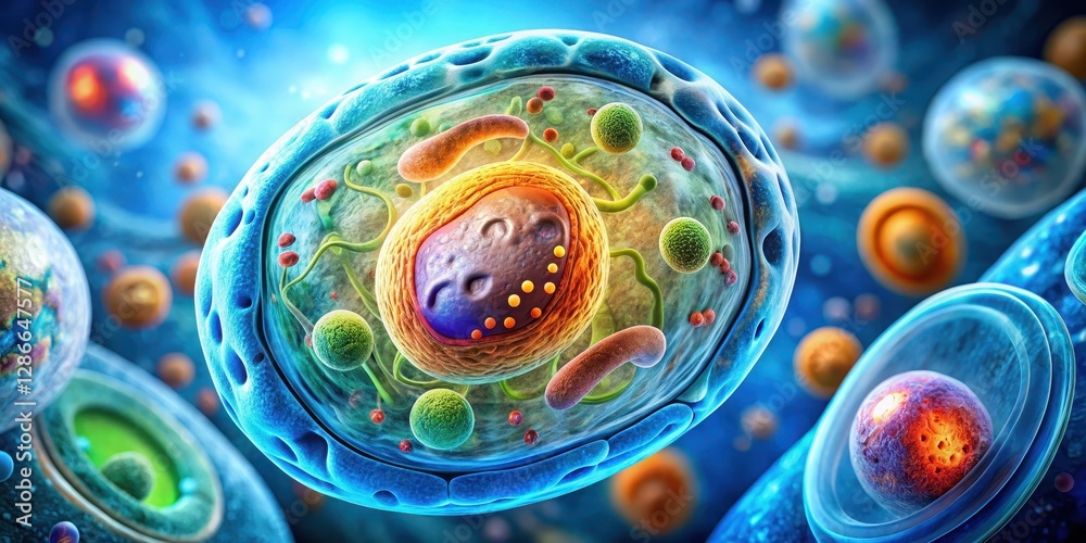 Ilustración de Stock Microscopic view of a eukaryotic cell with nucleus ...