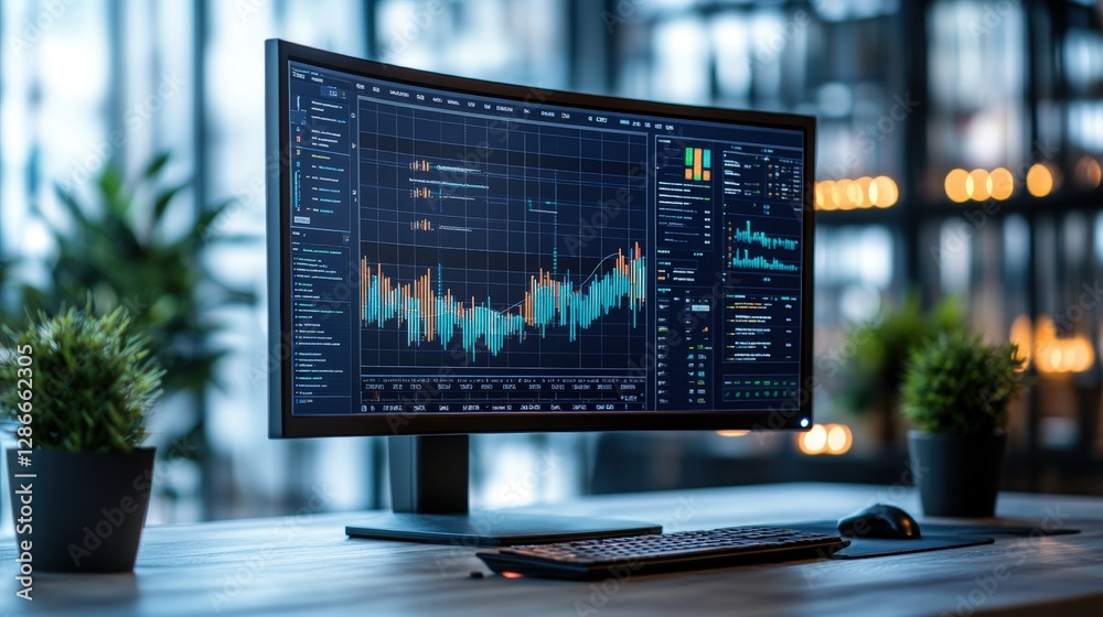 Computer monitor on desk with plant background showcasing innovative software engineering ...
