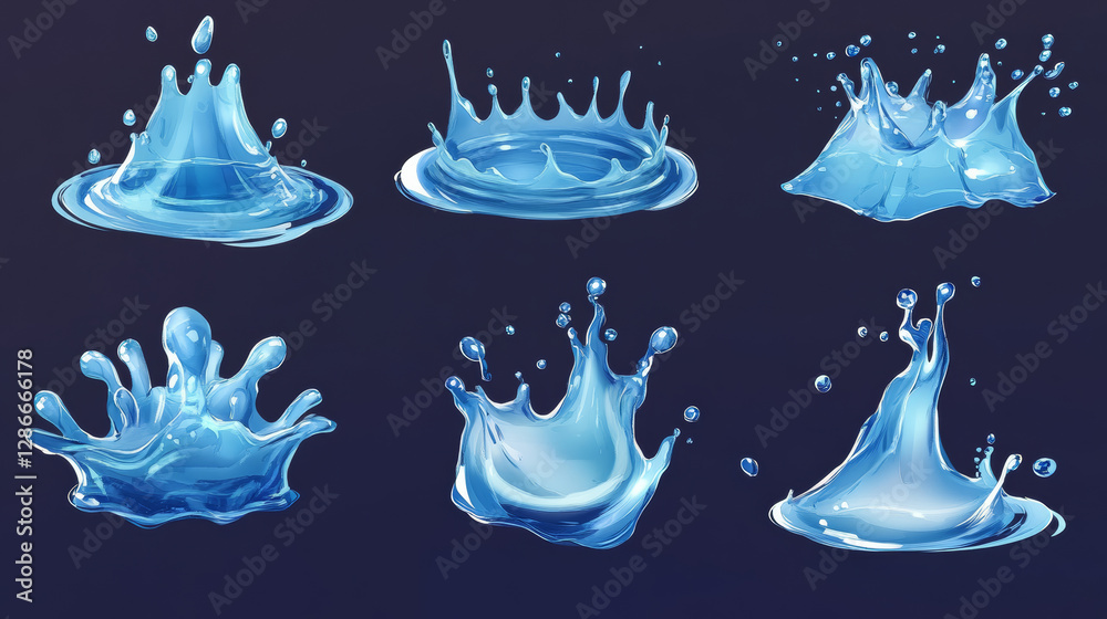 Water splash, vfx game cartoon video effects set. 2d liquid drops ...