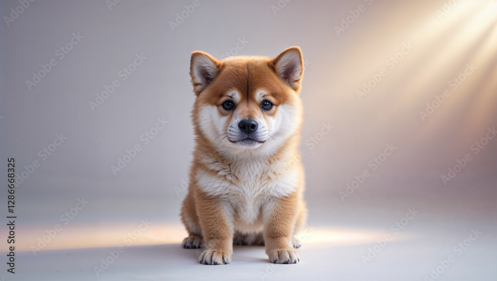 Bellissimo cucciolo di cane di razza Shiba Inu con pelo rosso in posa per una foto in uno studio ...