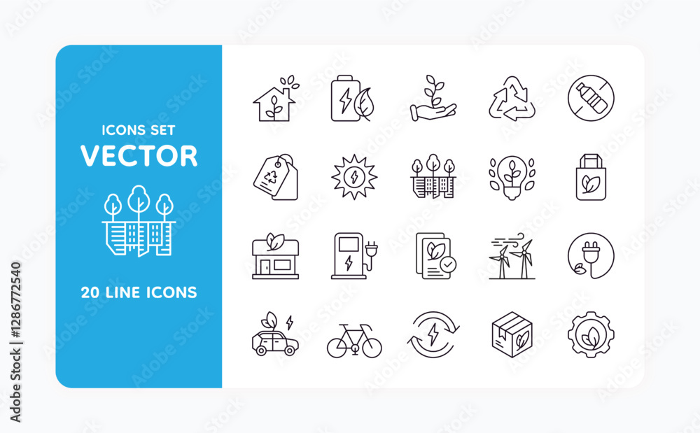Green energy icons. Eco line signs. Save water. Park trees. Renewable ...