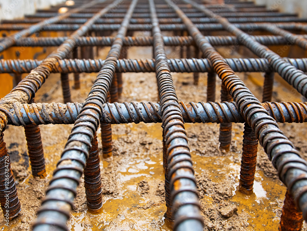 Steel Rebar in Concrete Formwork - Construction Reinforcement - Rusty ...