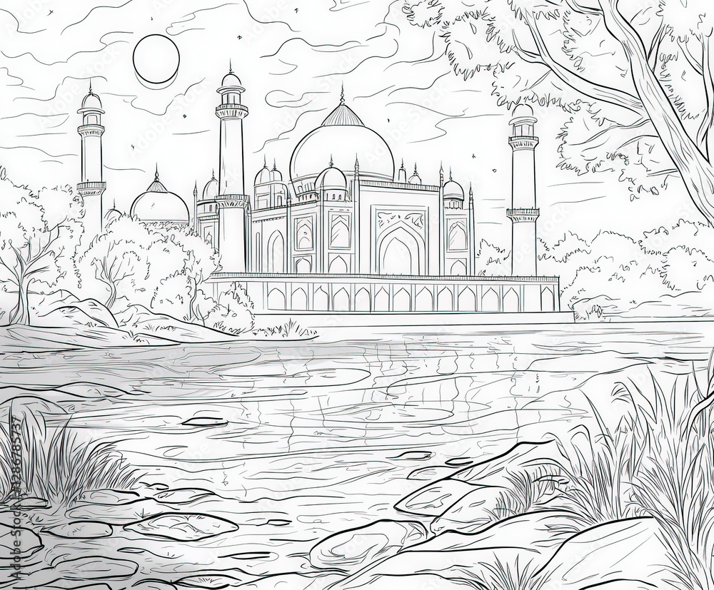 Beautiful serenity of mosques at night, coloring page for kids, simple ...