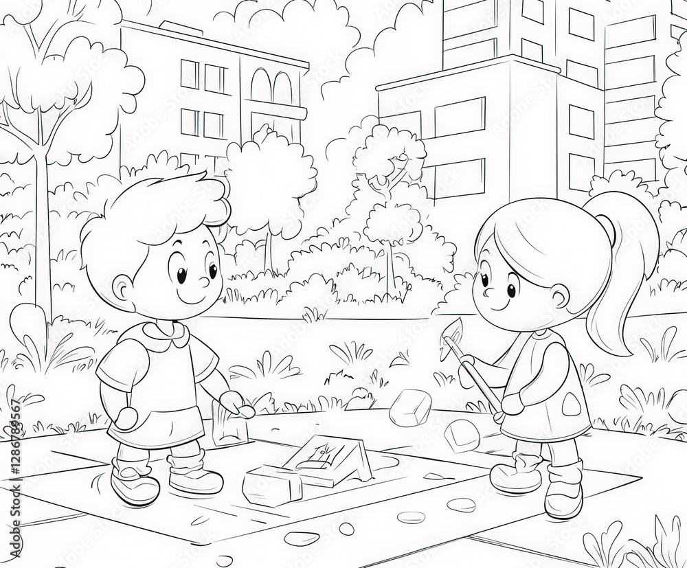 Children drawing with chalk on a sidewalk, coloring page for kids ...