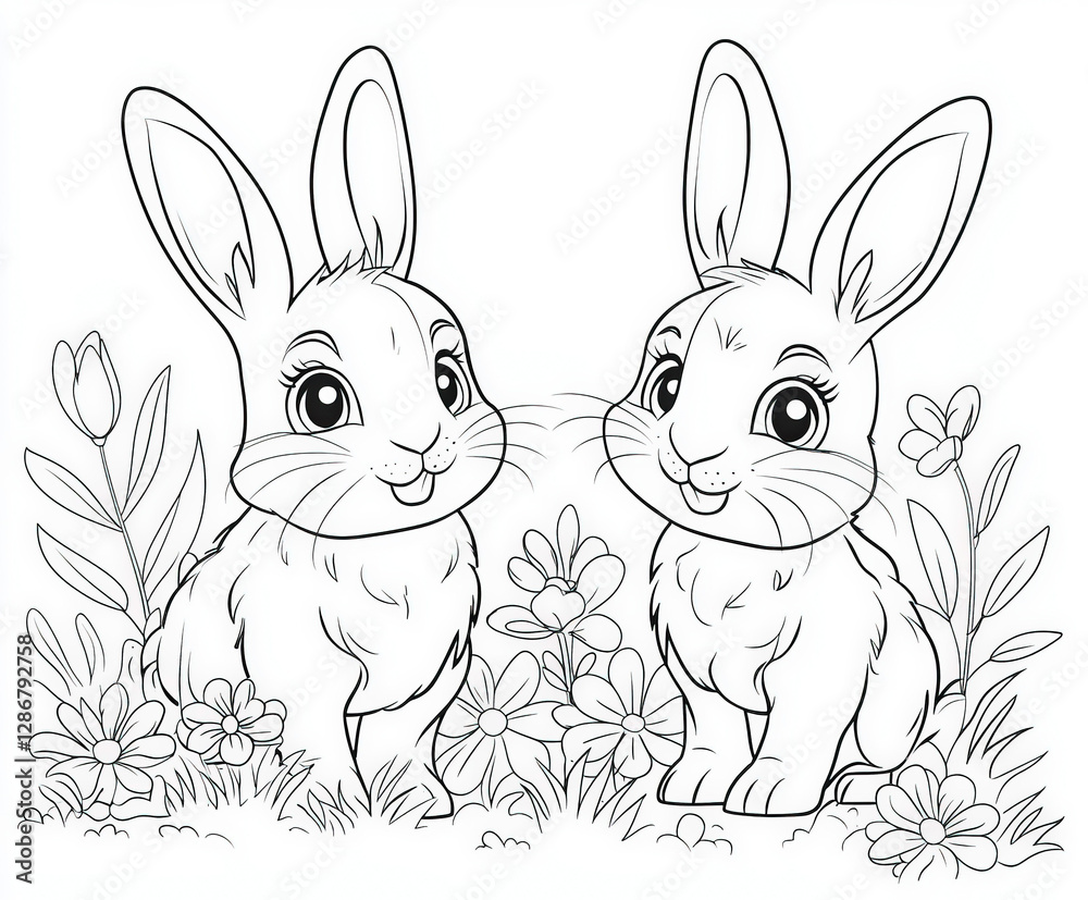 Cute bunnies exploring a flower meadow, coloring page for kids, simple ...