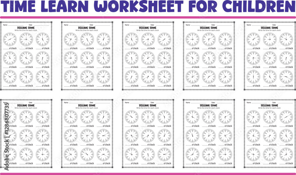 Telling time clock worksheets Stock Vector | Adobe Stock
