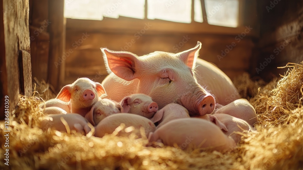 Mother pig nursing her piglets in a clean and well-ventilated pig ...