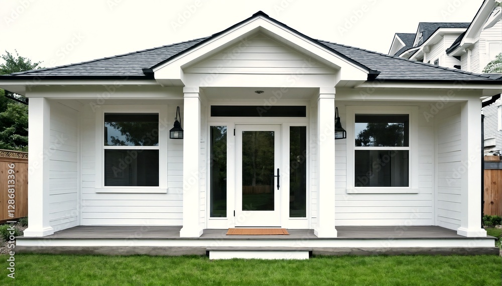 A modern house with white siding and a gable roof is shown from two ...