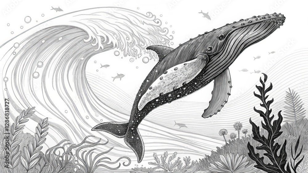 Humpback Whale in Ocean Wave Ink Pen Drawing, Marine Life, Underwater ...