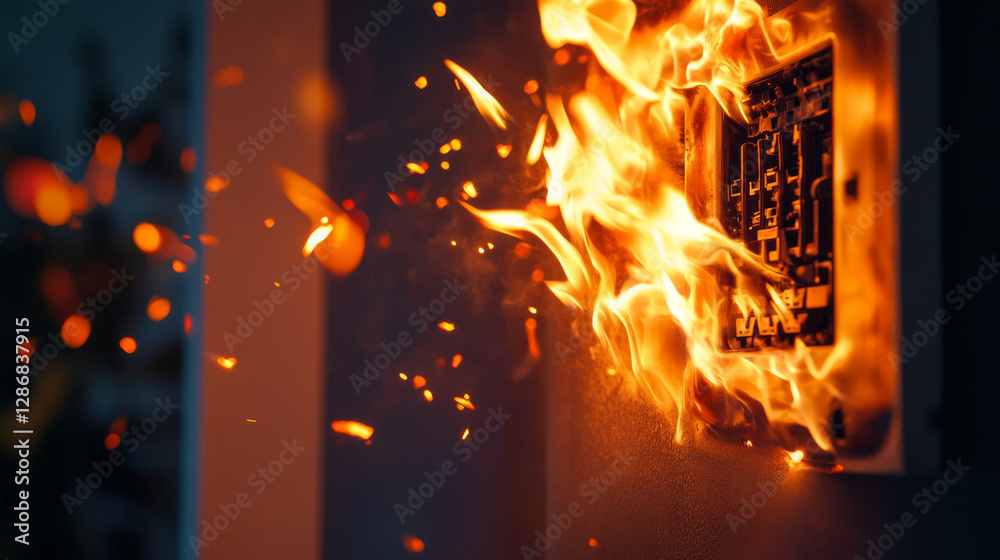 Ilustración de Stock Fuse box in fire, short circuit and overload in ...