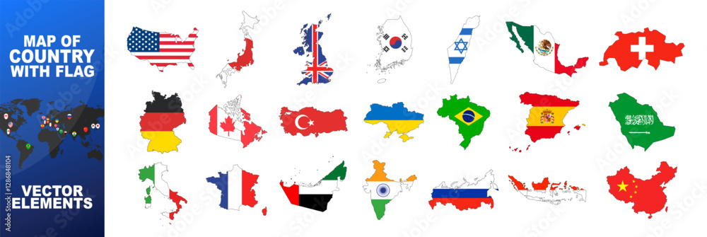 Detailed map of countries with the borders and flags. Single country ...