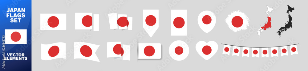 Official Japan flag set. Map set of icons and different shapes. Flat style. National symbol ...