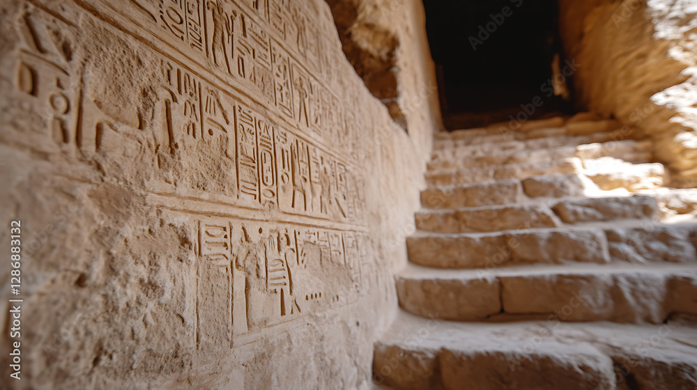 Ancient wall with hieroglyphics and stone steps, creating a sense of ...