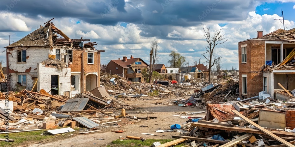 Destroyed buildings rubble scattered in a devastated neighborhood ...