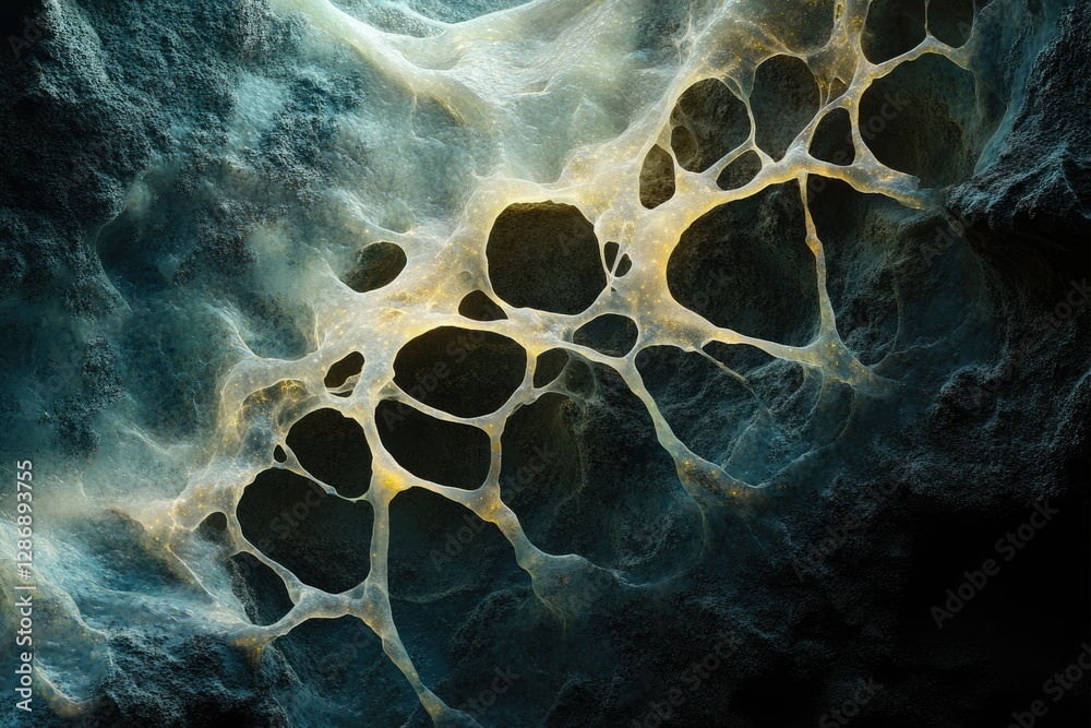 Intricate network of glowing veins traversing a dark, textured surface ...