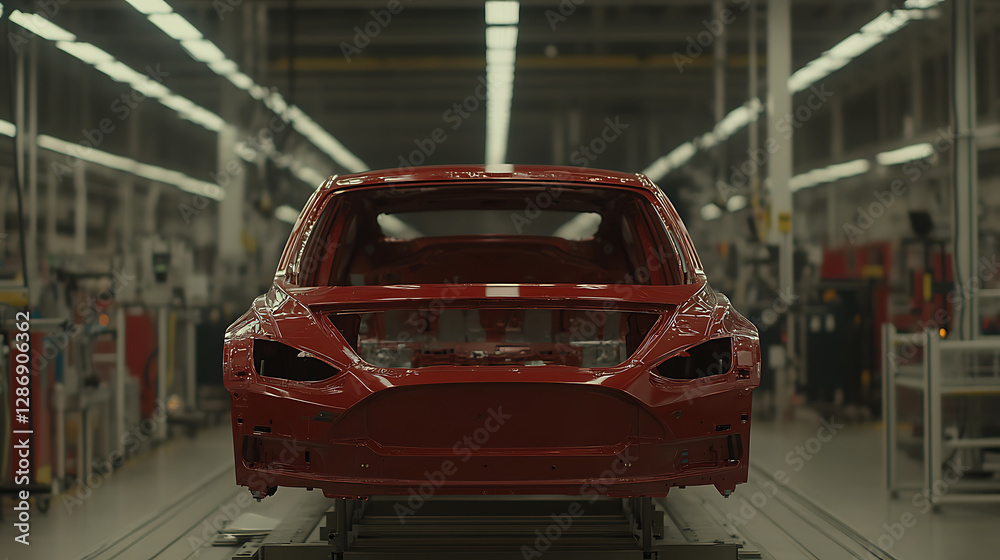 Car chassis on assembly line: A red vehicle frame is undergoing ...