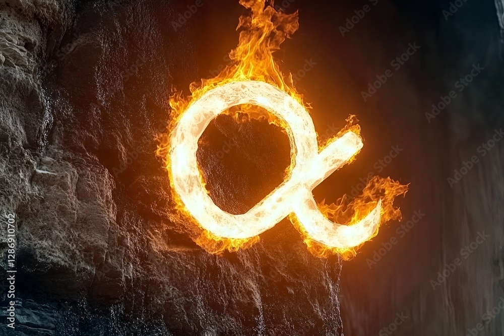 Glowing alpha symbol engulfed in flames against a rugged rock wall ...