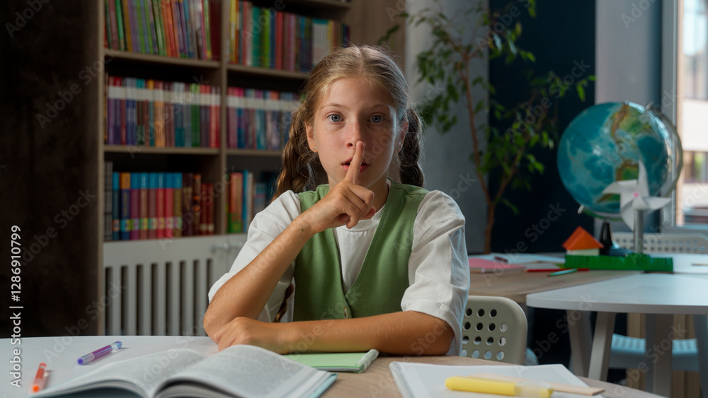 Smiling Caucasian little girl playful schoolgirl child school kid pupil learner student point ...