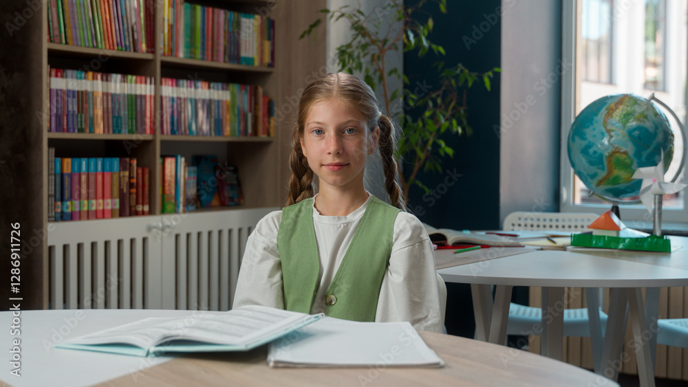 Cute happy smiling Caucasian little child school girl kid student schoolgirl learner pupil ...