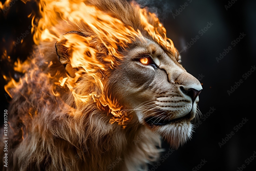 Majestic lion with a fiery mane, its glowing eyes radiating power and ...