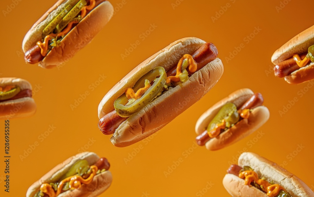 Flying Chicago-style hot dogs with bright pickles and green peppers on ...