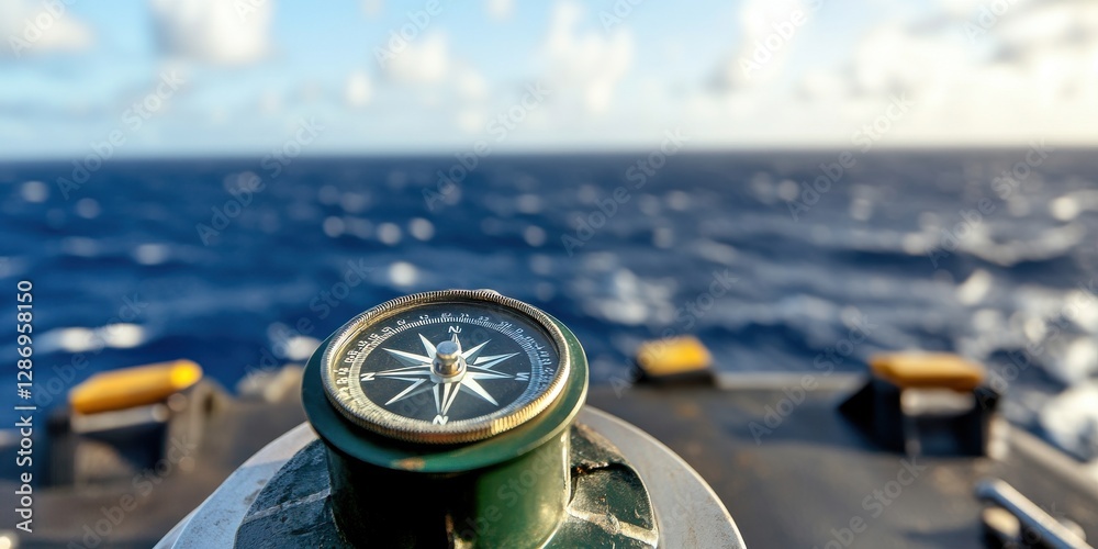 maritime navigation devices, ships navigation compass in focus on ...