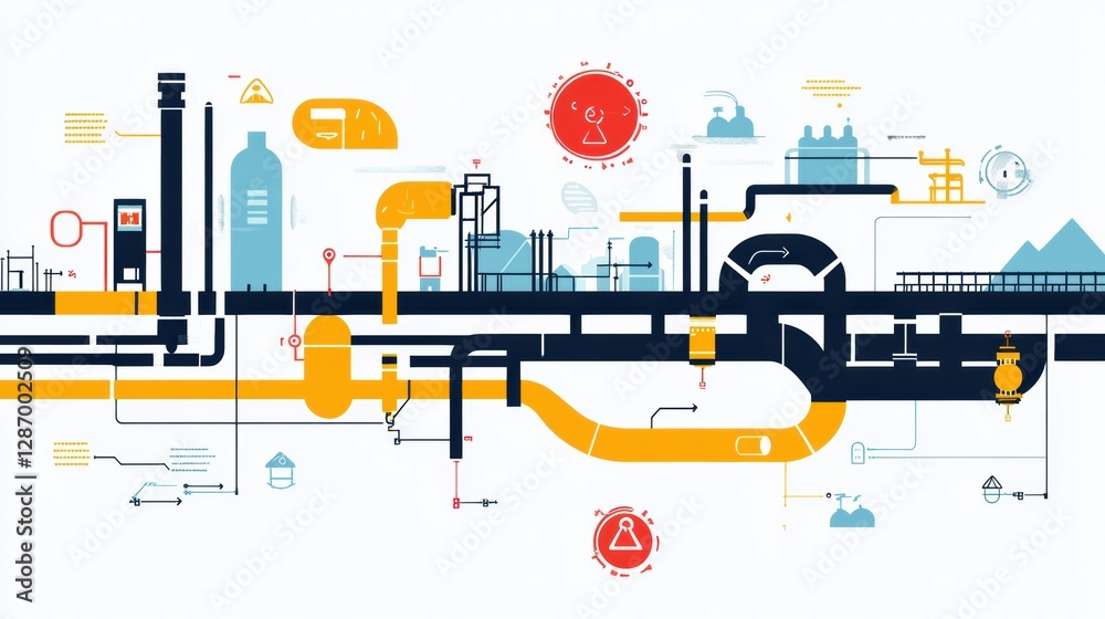 Minimalist infographic depicting gas pipelines infrastructure and flow ...