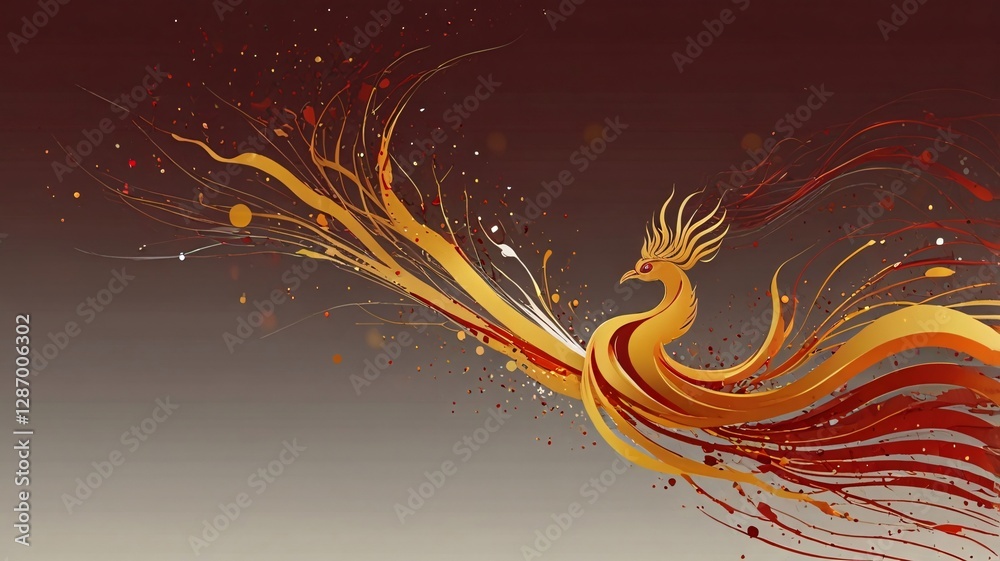Minimalist abstract Thai Phoenix (Hongsa), flowing fire trails, golden ...