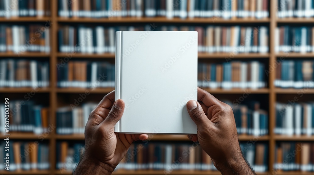 Librarian holding white book cover mockup in library bookshelves ...
