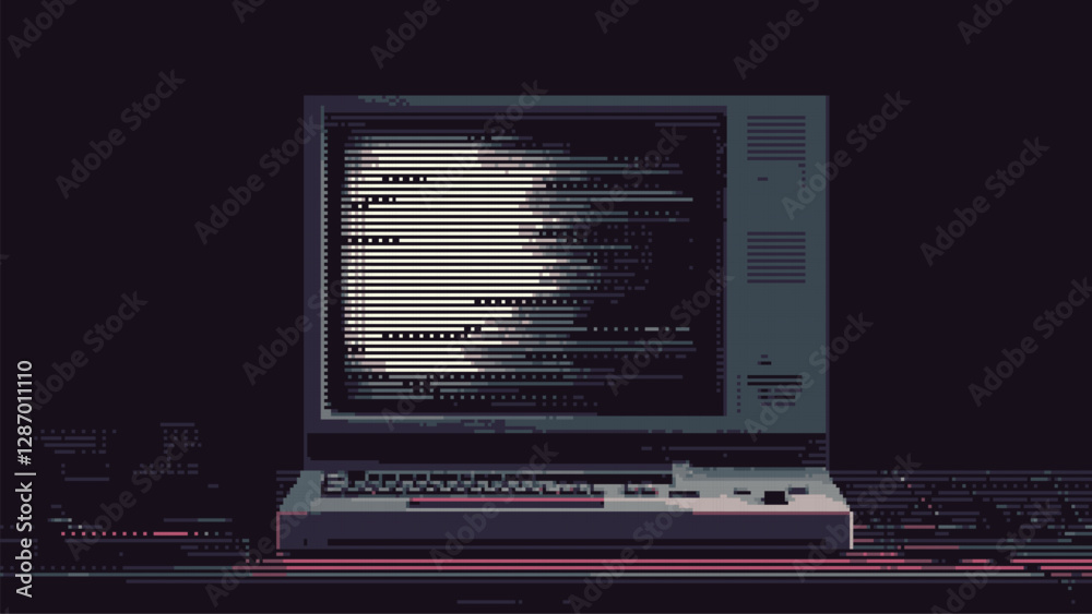 8-bit pixel art computer screen with code on it. 1990s style graphic ...
