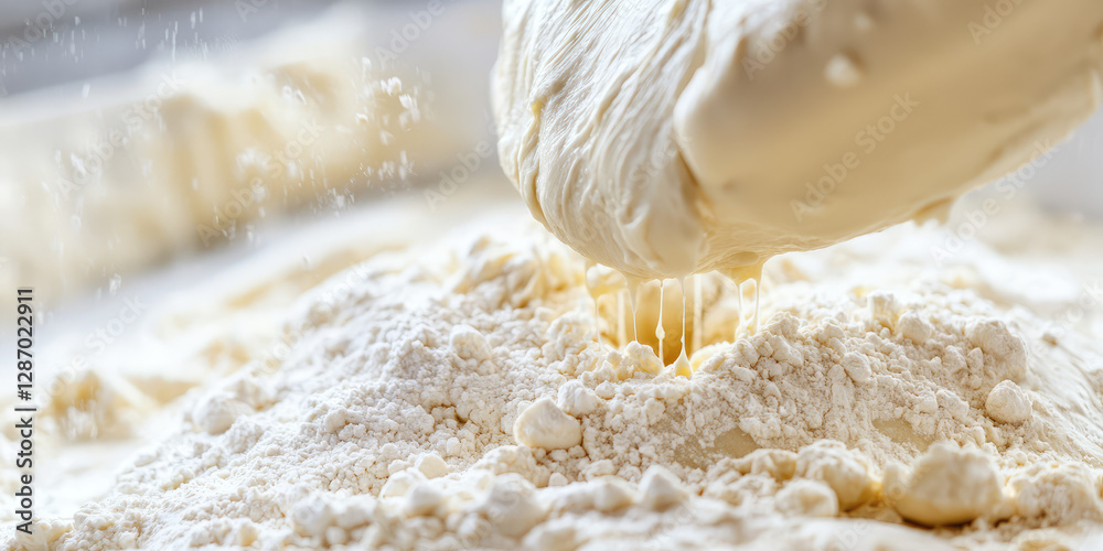 Process of pouring flour and kneading dough in industrial bakery ...