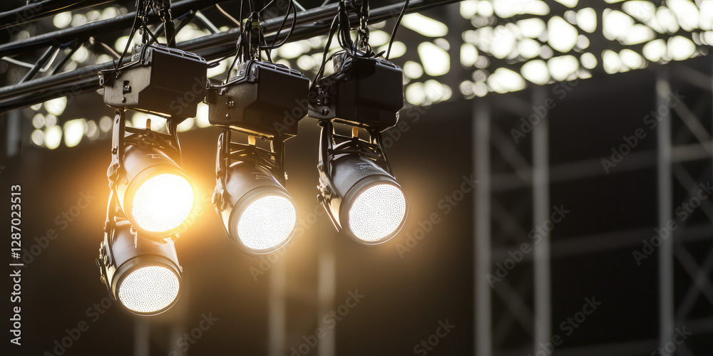 Stage lights being rigged on aluminum truss. Lighting or stage truss ...