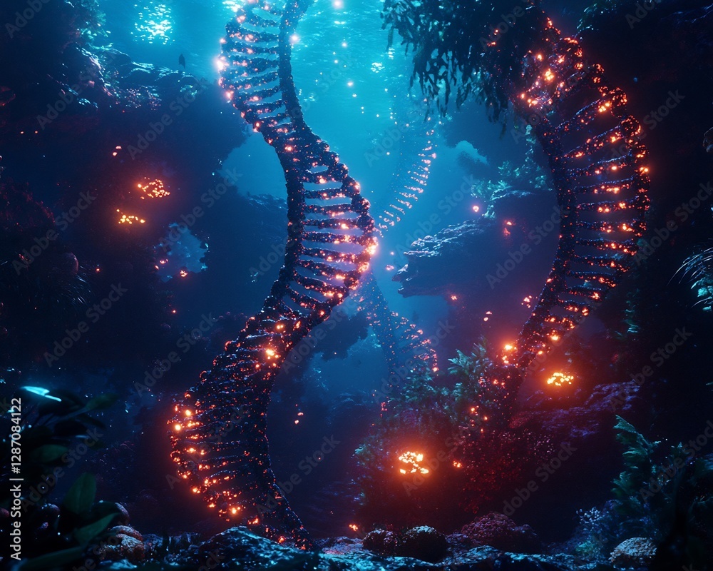 Underwater marvel where glowing DNA strands twist with bioluminescent ...
