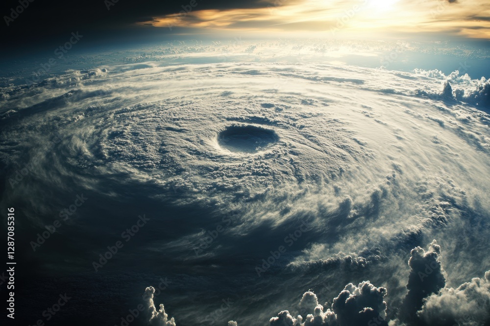 Intense cyclone forming above the ocean during sunset with swirling ...