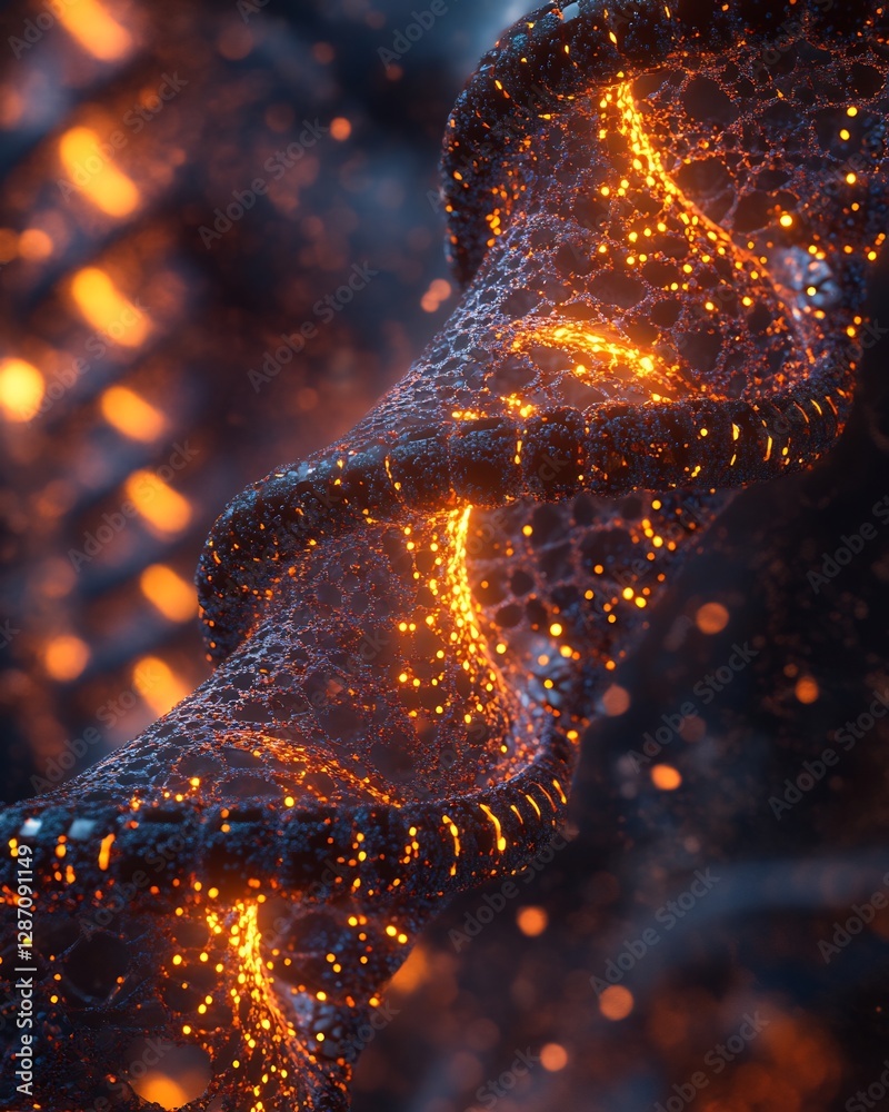 Artistic close up of DNA replication glowing helicase unzipping strand ...