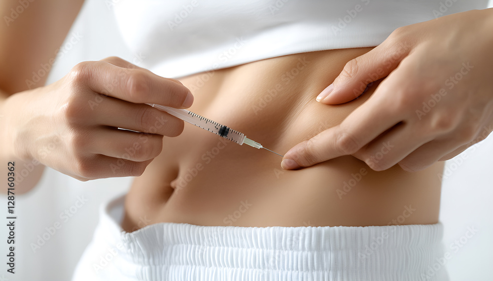 Young woman putting a hormonal injection in her stomach with pen ...