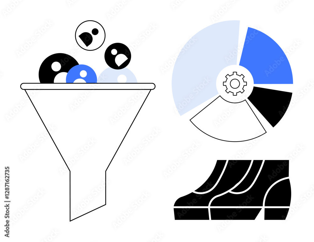 Funnel with demographic icons, segmented pie chart, and steps symbolizing structured workflow ...