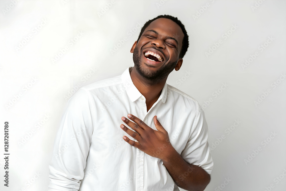 Man laughing with an open smile and joyful expression, showing a meme ...