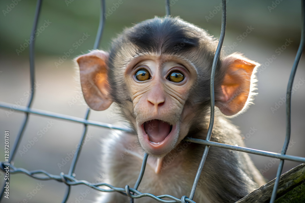 Baby monkey with wide eyes and open mouth looking shocked and curious ...